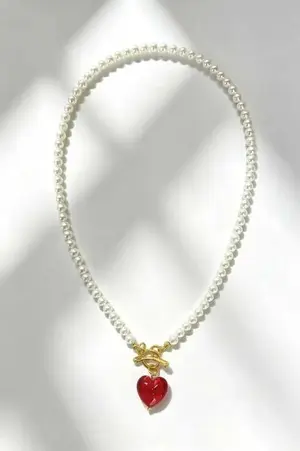 CLASSICHARMS Valentina Murano Glass Heart Pendant Pearl Necklace - Red