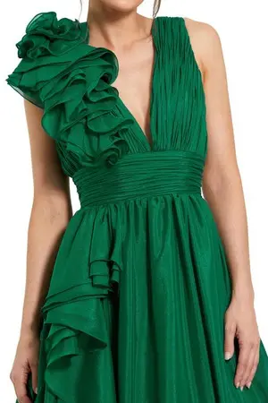 Mac Duggal Petite Ruffle Shoulder V-neck Chiffon Gown - Emerald