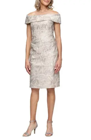 Alex Evenings Off-the-shoulder Floral Jacquard Cocktail Dress - Taupe