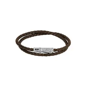 Tateossian Brown / Silver Thompson Lucky Clover Double Wrap Bracelet In Brown Leather - Brown/silver