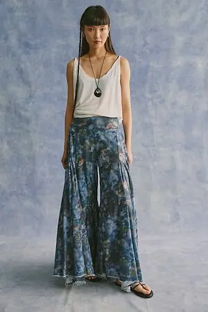 Free People Fallen Star Printed Wide-leg Pants - Ocean Combo