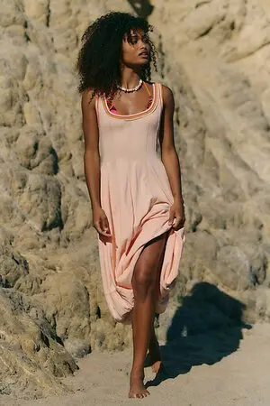 Free People Palmer Midi Dress With Contrast Trim - Peach Combo