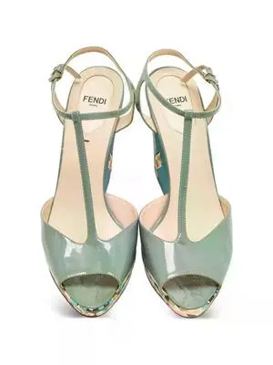 Fendi Patent Leather Floral Print Wedge Sandals