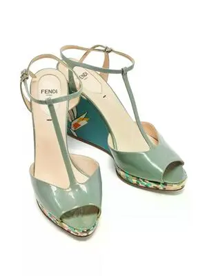 Fendi Patent Leather Floral Print Wedge Sandals