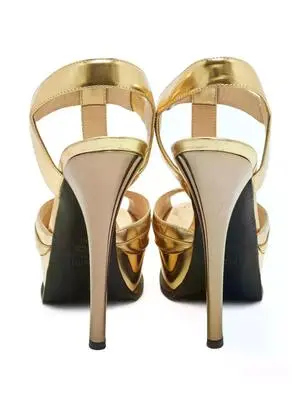 Fendi Gold Tone Metallic Leather Peep Toe Heeled Sandals