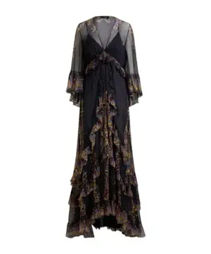 Etro Long Silk Dress With Placed Paisley Foliage Print