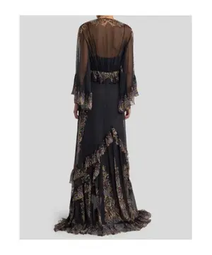 Etro Long Silk Dress With Placed Paisley Foliage Print