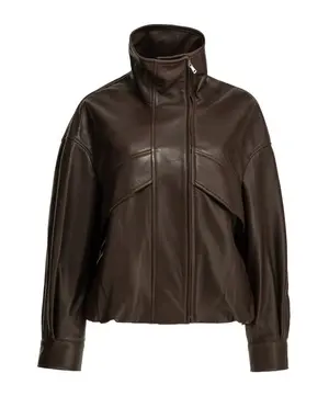 Nour Hammour High-neck Leather Jacket - Brown