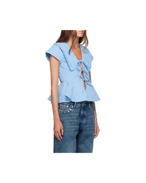 GANNI Cotton Poplin Blouse With Ruffled Collar - Blue