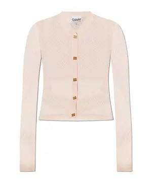 GANNI Pointelle Knit Logo Button Cardigan - No