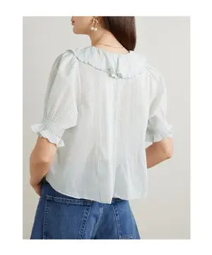 DÔEN Henri Ruffled Organic Cotton Tulle Blouse - Blue