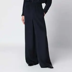 Max Mara Navy Silk Relaxed Wide Leg Trousers - Blue
