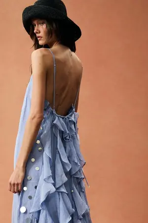 Chan Luu Linen Dress With Metallic Sequins And Ruffles
