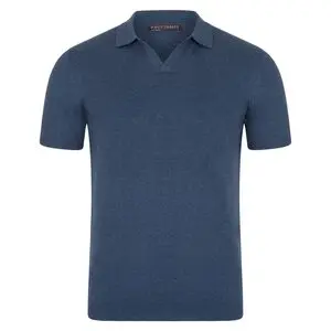 PAUL JAMES KNITWEAR Ultra Fine Cotton Nathann Buttonless Polo Shirt Melange - Blue