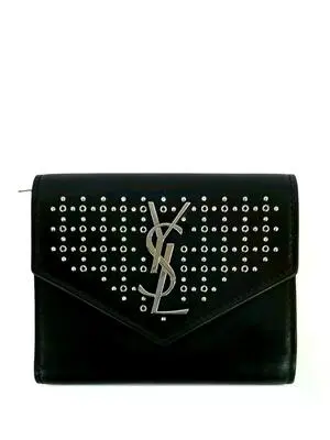 Saint Laurent 20th Century Studded Leather Monogram Bifold Wallet Small Wallets - Black
