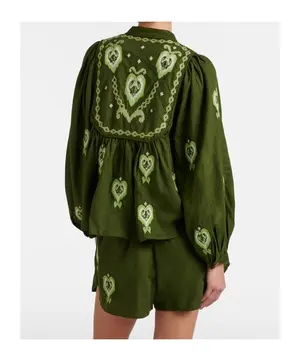 Farm Rio Embroidered Linen-blend Blouse