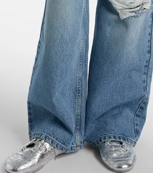 AREA Distressed Embellished Wide-leg Jeans