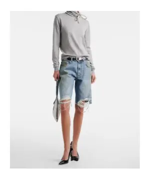 AREA Distressed Embellished Denim Shorts