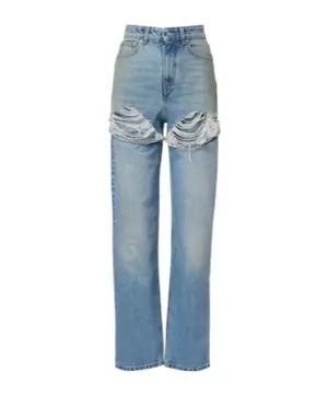 AREA Distressed Embellished Wide-leg Jeans - Blue