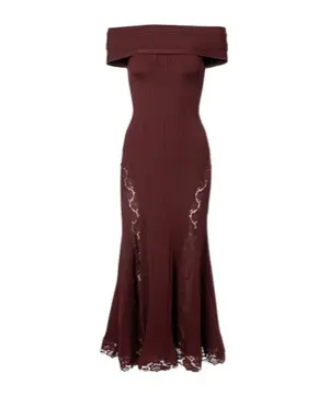 SELF-PORTRAIT Lace-trimmed Off-shoulder Midi Dress - Red
