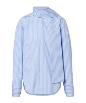 Plan C Scarf-detail Striped Cotton Shirt - Blue