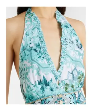 Camilla Embellished Ruffled Halterneck Linen Midi Dress