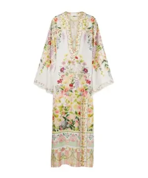 Camilla Cutout Floral Linen Kaftan - Nude