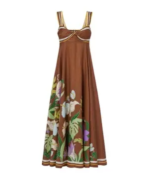 ALEMAIS Alfie Floral Linen Midi Dress - Brown