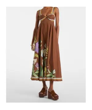 ALEMAIS Alfie Floral Linen Midi Dress - Brown