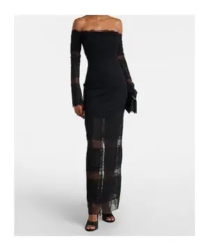 Blumarine Off-shoulder Lace Tulle Maxi Dress