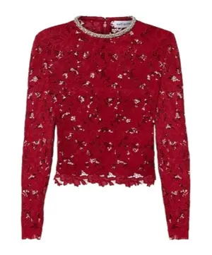 SELF-PORTRAIT Embellished Guipure Lace Top - Red