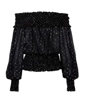 SELF-PORTRAIT Shirred Metallic-effect Off-shoulder Top - Black