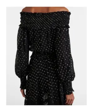 SELF-PORTRAIT Shirred Metallic-effect Off-shoulder Top