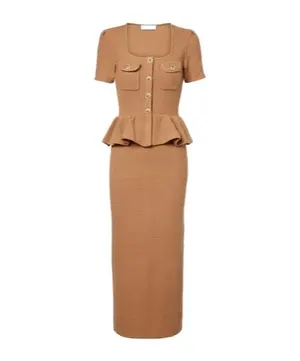 SELF-PORTRAIT Peplum Waffle-knit Midi Dress - Brown