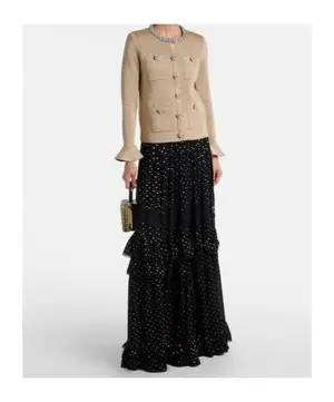 SELF-PORTRAIT Belted Lace-trimmed Polka-dot Chiffon Maxi Skirt