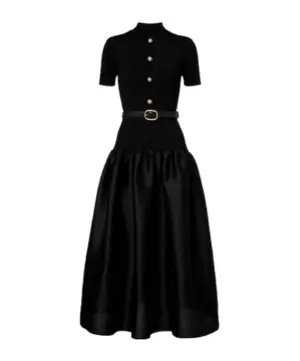 SELF-PORTRAIT Belted Keyhole Cutout Taffeta Midi Dress - Black