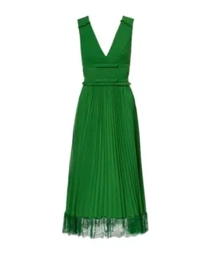 SELF-PORTRAIT Plissé Chiffon Midi Dress With Lace Trim