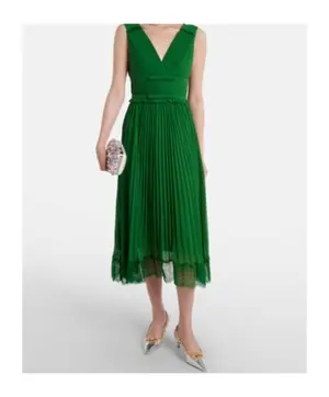 SELF-PORTRAIT Plissé Chiffon Midi Dress With Lace Trim