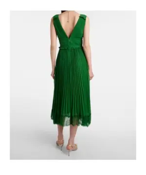 SELF-PORTRAIT Plissé Chiffon Midi Dress With Lace Trim