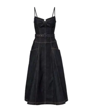 SELF-PORTRAIT Belted Denim Bustier Dress - Black