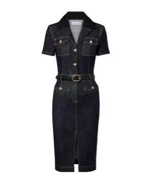 SELF-PORTRAIT Belted Denim Midi Dress - Black