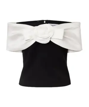 SELF-PORTRAIT Floral-appliqué Off-shoulder Crêpe Top - Black
