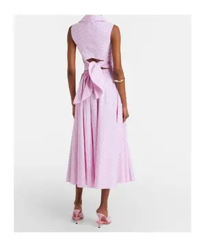 PATOU Pleated Striped Cotton Poplin Midi Skirt