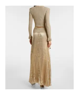 SELF-PORTRAIT Ribbed-knit Lamé Plissé Maxi Dress