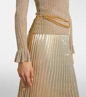 SELF-PORTRAIT Ribbed-knit Lamé Plissé Maxi Dress