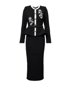 SELF-PORTRAIT Sequined Floral Tweed Midi Dress - Black