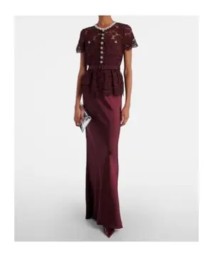 SELF-PORTRAIT Lace And Satin Maxi Dress With Embellished Buttons And Belted Waist