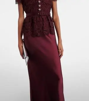 SELF-PORTRAIT Lace And Satin Maxi Dress With Embellished Buttons And Belted Waist
