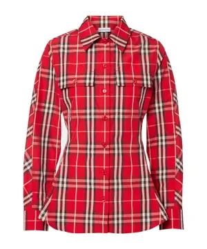 Burberry Check Peplum Cotton Shirt - Red