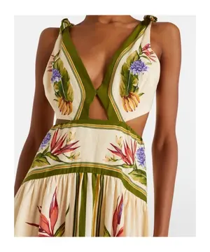 Farm Rio Floral Cutout Linen-blend Maxi Dress - Nude